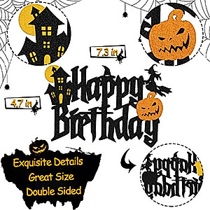 YOYMARR Halloween Cake Topper Happy Birthday Sign Cake Decorations for Halloween Wizard Ghost Pumpkin Themed Birthday Party Supplies Black Sparkle Decor