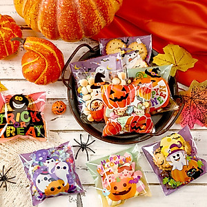 FEBSNOW 450pcs Halloween Candy Bags, 9 Styles Self Adhesive Trick Candy Bag Cellophane Cookie Bags for Halloween Trick or Treat Goodie Ziplock Bags Party Favor