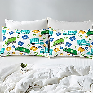 Feelyou Cartoon Garbage Truck Duvet Cover Green Trash Truck Bedding Set for Kids Boys Girls Teens Green Vehicle Car Comforter Cover Garbage Truck Toy Print Bed Set 2Pcs Zipper Twin Size (No Comforter)