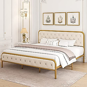 AIhomstyle Queen Size Bed Frame, Upholstered Queen Bed Frame with Velvet Tufted Headboard, Heavy Duty Metal Foundation, Bed Frame with Wood Slat Support, No Box Spring Needed, Noise-Free, Gold/Beige