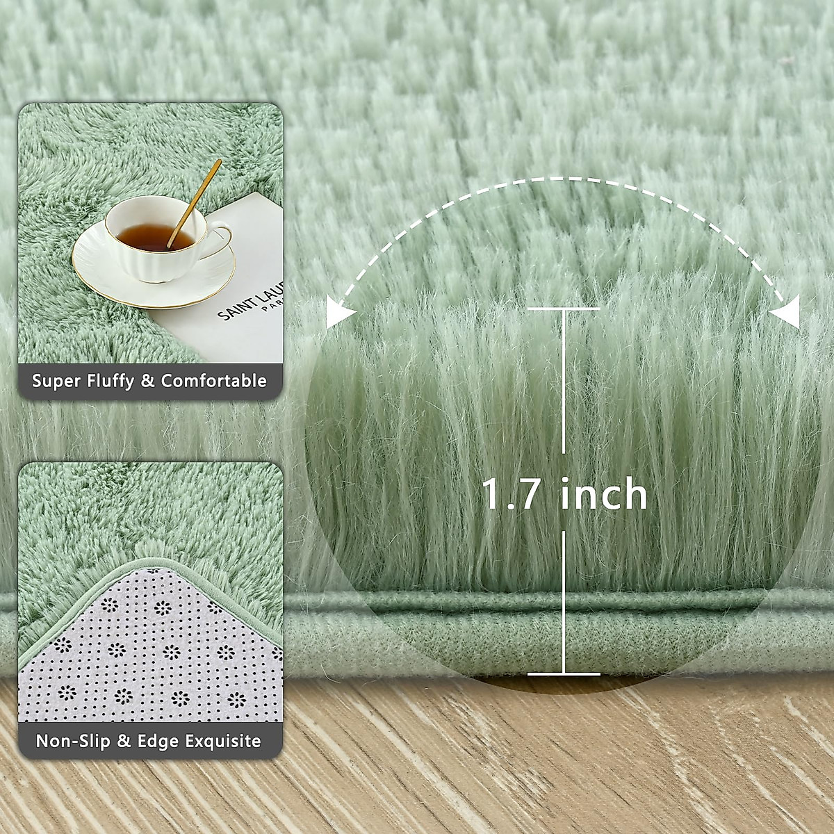 Zedrew Sage Green Runner Area Rugs for Bedroom Living Room, 2x4 Feet Fluffy Bedside Rugs, Soft Shaggy Carpet Rug for Kids Room Nursery, Furry Rugs for Girls Boys Dorm Room Home Decor