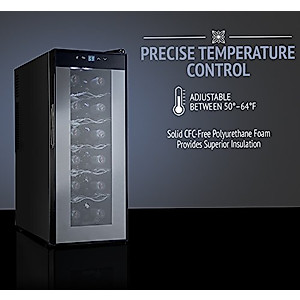 Ivation 12 Bottle Thermoelectric Red And White Wine Cooler/Chiller Counter Top Wine Cellar with Digital Temperature Display, Freestanding Refrigerator Smoked Glass Door Quiet Operation Fridge,Black