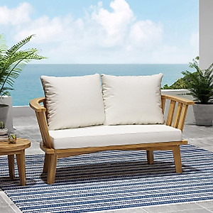 Christopher Knight Home Ingrid Outdoor Wooden Loveseat with Cushions, White and Teak Finish