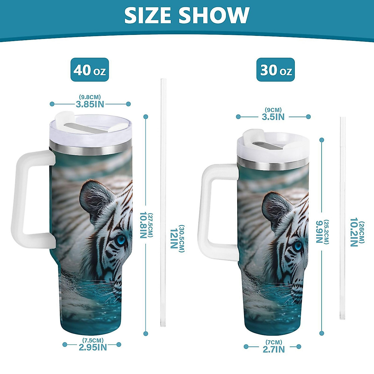 xigua 40 oz White Tiger Tumbler with Handle and Straw Lid, Stainless Steel Vacuum Insulated Sports Water Bottle, Keeps Cold or Hot Coffee Cup Travel Mug