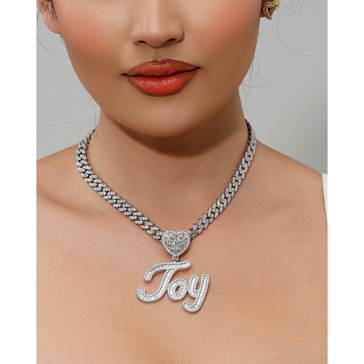 Iced Out Custom Name Necklace 14K Gold Hip Hop Simulated Diamond Charm Pendant with Cuban Link Chain, Personalized Name Plated Initial Letter Necklaces, Handmade Customized Jewelry Gifts for Man Woman (Silver)