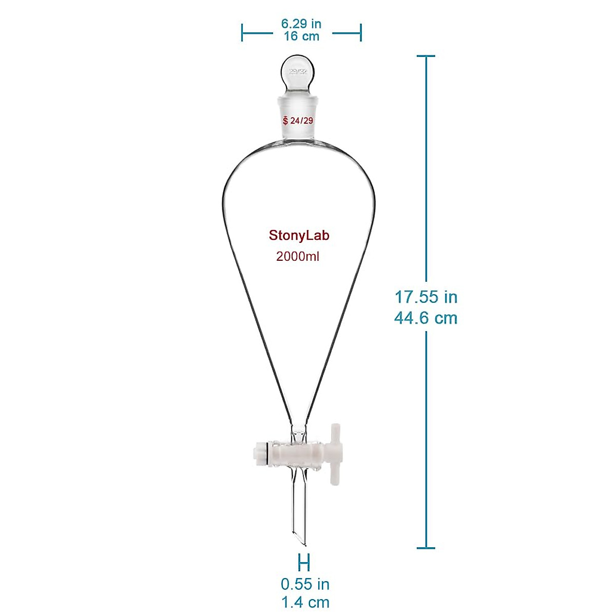 StonyLab PTFE Stopcock Separatory Funnel 2L, Borosilicate Glass Heavy Wall Conical Pear-Shaped Separatory Funnel Separation Funnel with 24/29 Joint