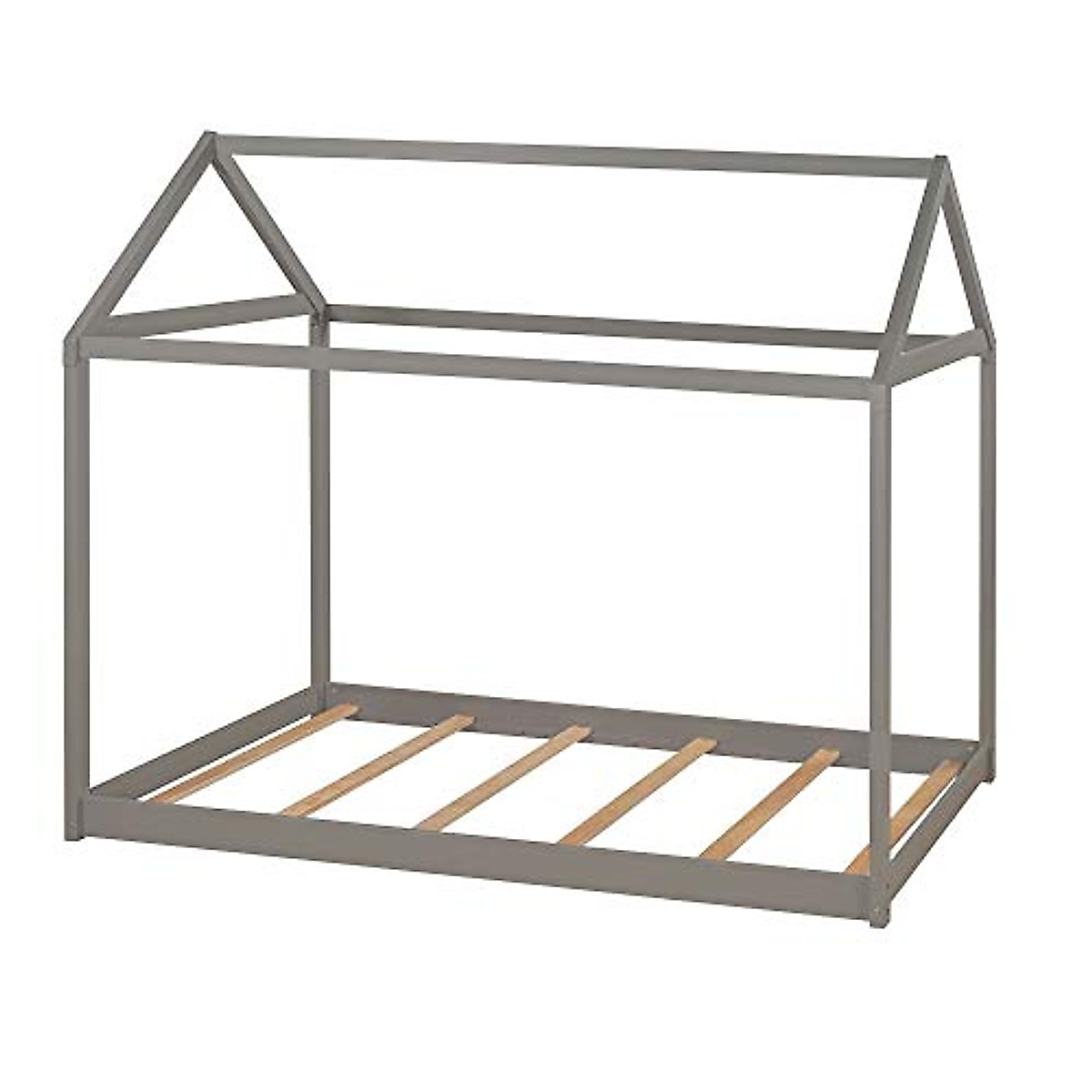 LIADTOP Twin Size Wooden House Bed,Wooden Twin Platform Bed Frame with Headboard and Footboard, Roof Design, for Toddlers Kids Boys Girls Teens,No Box Spring Needed,Grey(New)