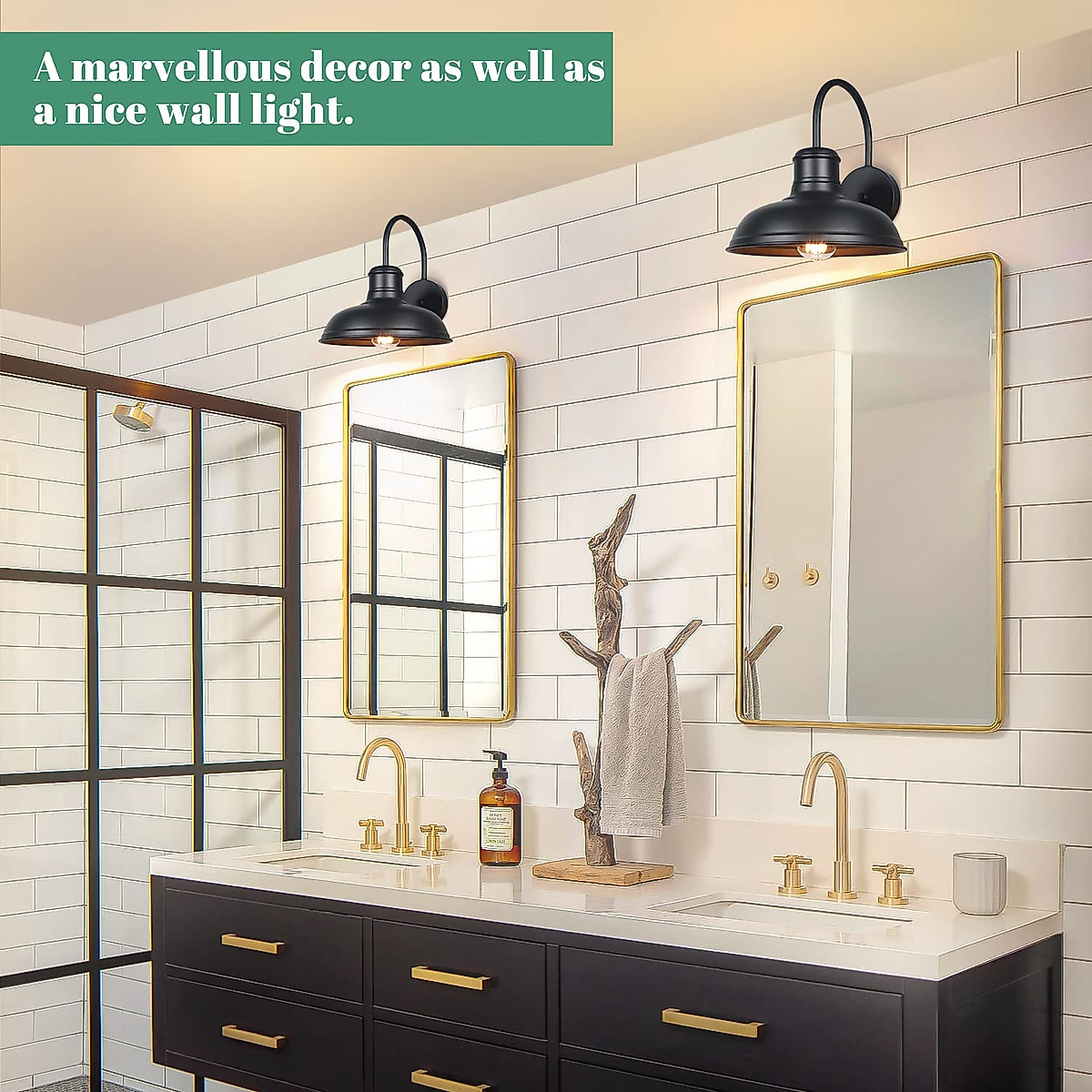 2-Pack Matte Black Outdoor Wall Lights, Modern Farmhouse Porch Wall Light Fixtures Wall Mount, Industrial Gooseneck Wall Sconce, Exterior E26 Barn Lights for Garage Frontdoor Entryway Bathroom Doorway