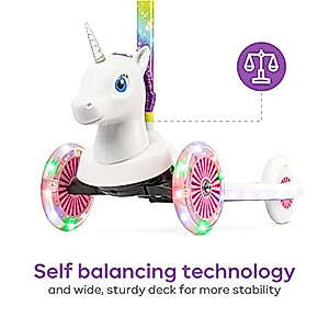 Dimensions Unicorn Kick Scooter for Kids, Self-Balancing 3 Wheeled Light Up Scooter with Extra Wide Anti-Slip Deck, Rear Brake, Lean to Steer, Lightweight Design, for Kids 3 and up, 75 LB Limit
