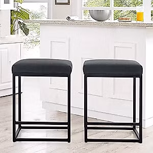 ALPHA HOME 24" Bar Stool Counter Height Bar Stools with Footrest Pu Leather Backless Kitchen Dining Cafe Chair with Thick Cushion & Sturdy Chromed Metal Steel Frame Base for Indoor Outdoor,Black,2PC