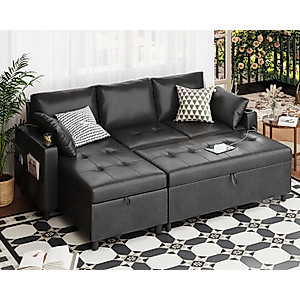 Esright Sleeper Sofa Bed Couch with Pullout Sofa Bed, Faux Leather Sectional Sleeper Sofa Pull Out Couch Bed with Storage USB & Cup Holders, Convertible Sofa Bed Couches for Living Room, Black