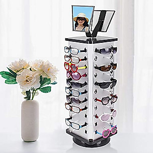 ONEPOINTPOINT Glasses Display Stand 360° Rotating 44 Pairs of Sunglasses Eyewear Holder Display Rack with Mirror (Square)