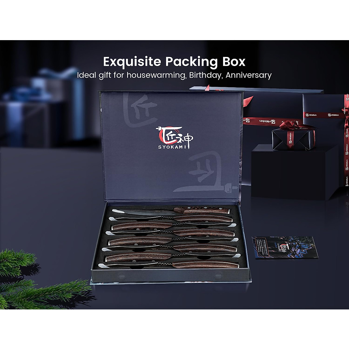 SYOKAMI Steak Knives Set Of 8, 4.8 Inch High-Carbon Japanese Stainless Steel Non-serrated Steak Knife With Wood Handle, Damascus Pattern Full Tang Design, Razor-Sharp Dinner Knives With Gift Box