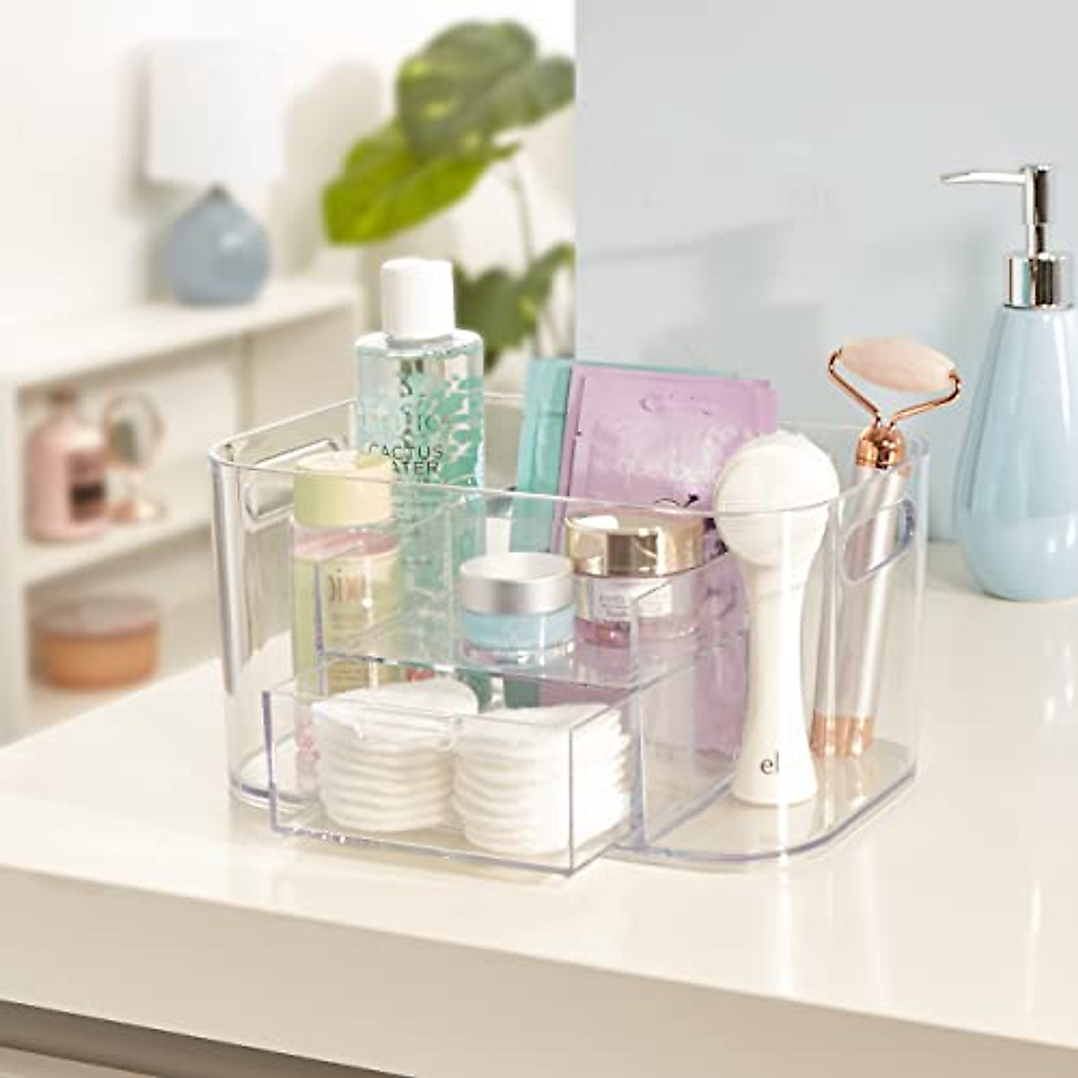 STORi Bliss 4-Compartment Plastic Vanity Organizer with Small Accessory Drawer in Clear | Rectangular Makeup, Skincare, & Cosmetic Storage Bin with Pass-Through Handles | Made in USA