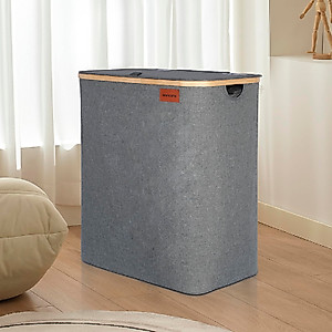 BESHOOME Grey Laundry Hamper with Lid, 140L Extra Large Laundry Basket, 2 Section Laundry Hamper, Laundry Hamper with Handle and Removable Bags, Double Laundry Hamper, Foldable Dirty Clothes Hamper