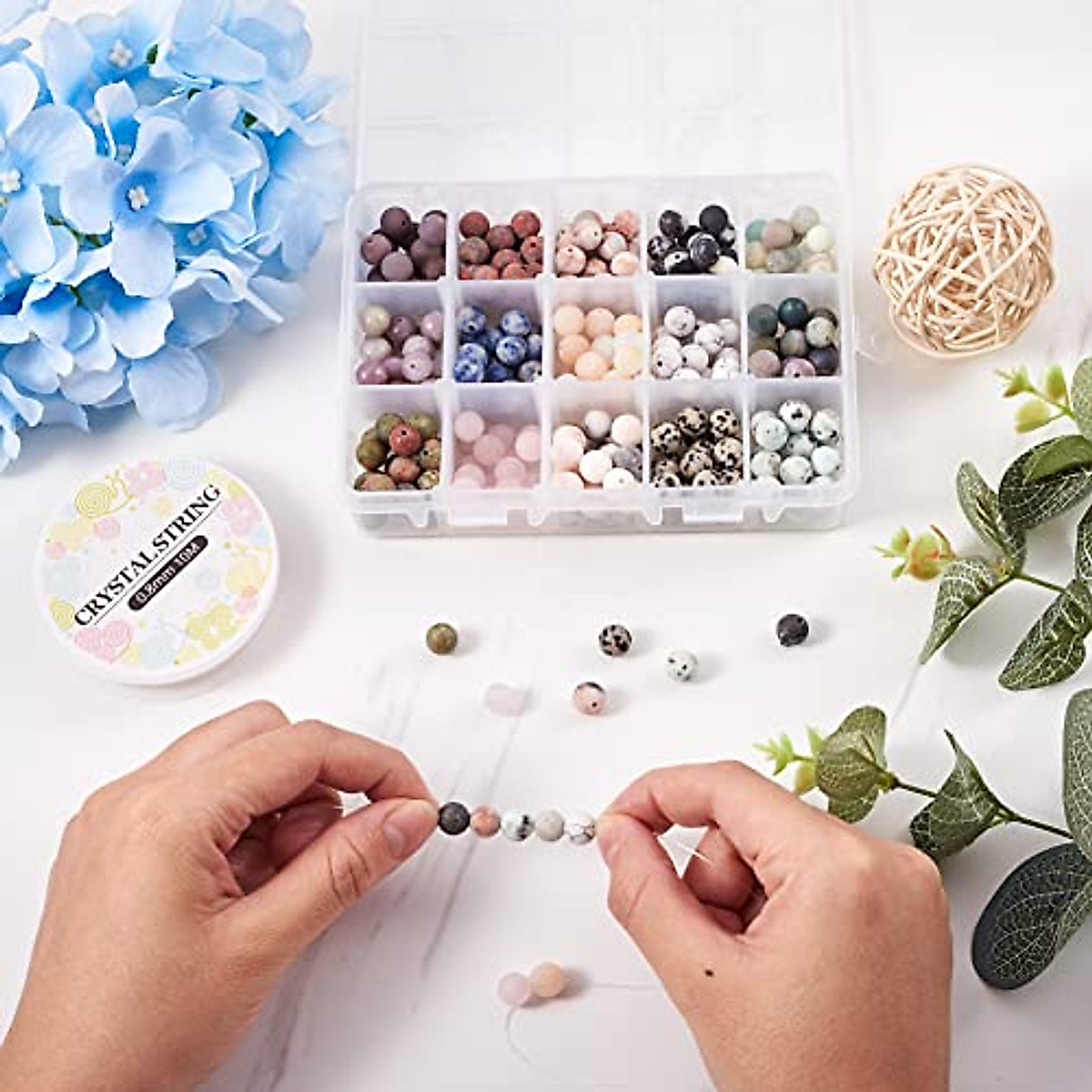 Spritewelry 300pcs 8mm Round Gemstone Beads for Jewelry Making Kit with Elastic Crystal Thread 15 Colors Natural Stone Healing Beads for Bracelets Gemstone Beading Necklace Making DIY Kit