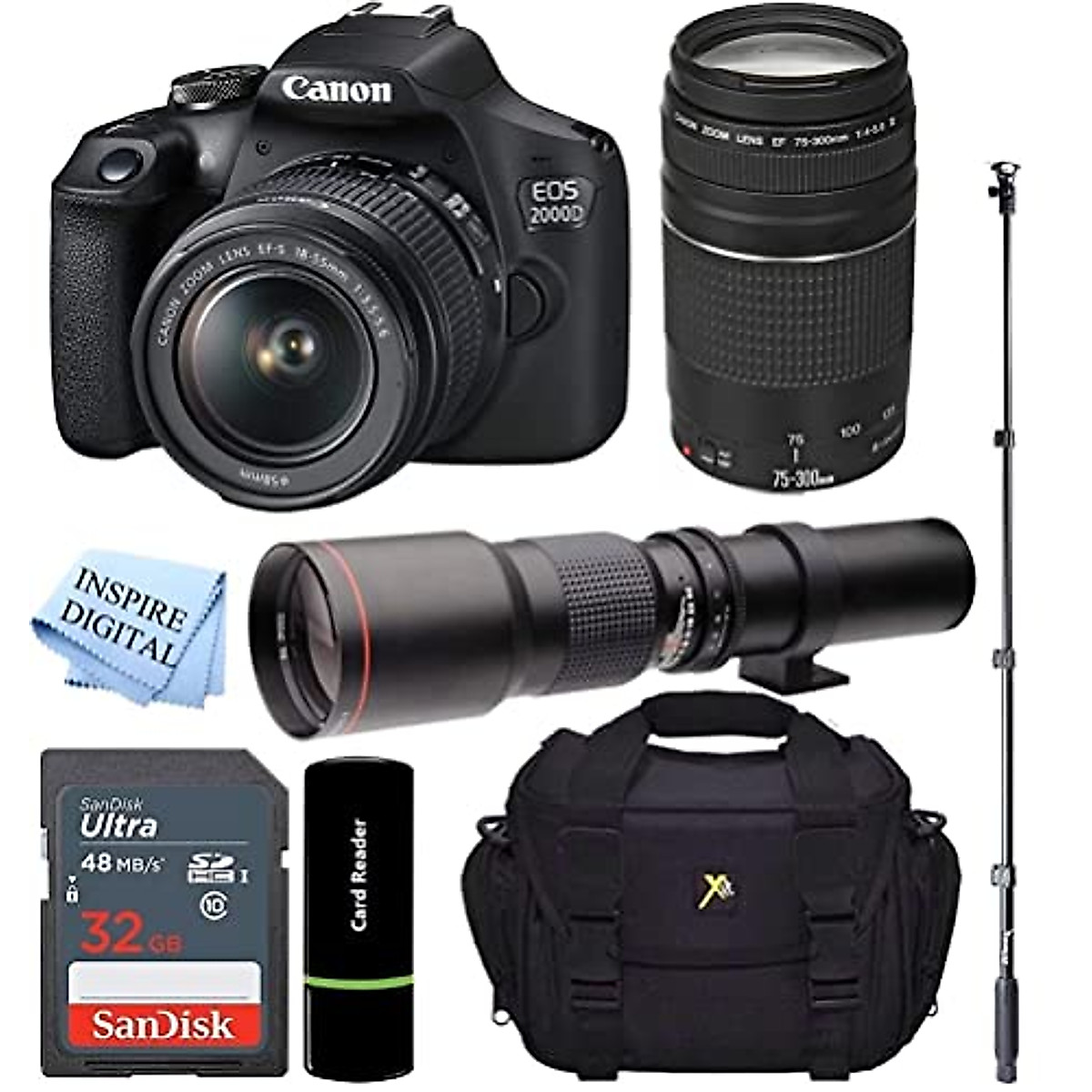 Inspire Digital Canon EOS Rebel 2000D DSLR Camera with 18-55mm is II Lens Bundle + Canon EF 75-300mm f/4-5.6 III Lens and 500mm Preset Lens + 32GB Memory + Monopod + Padded Case (Renewed)