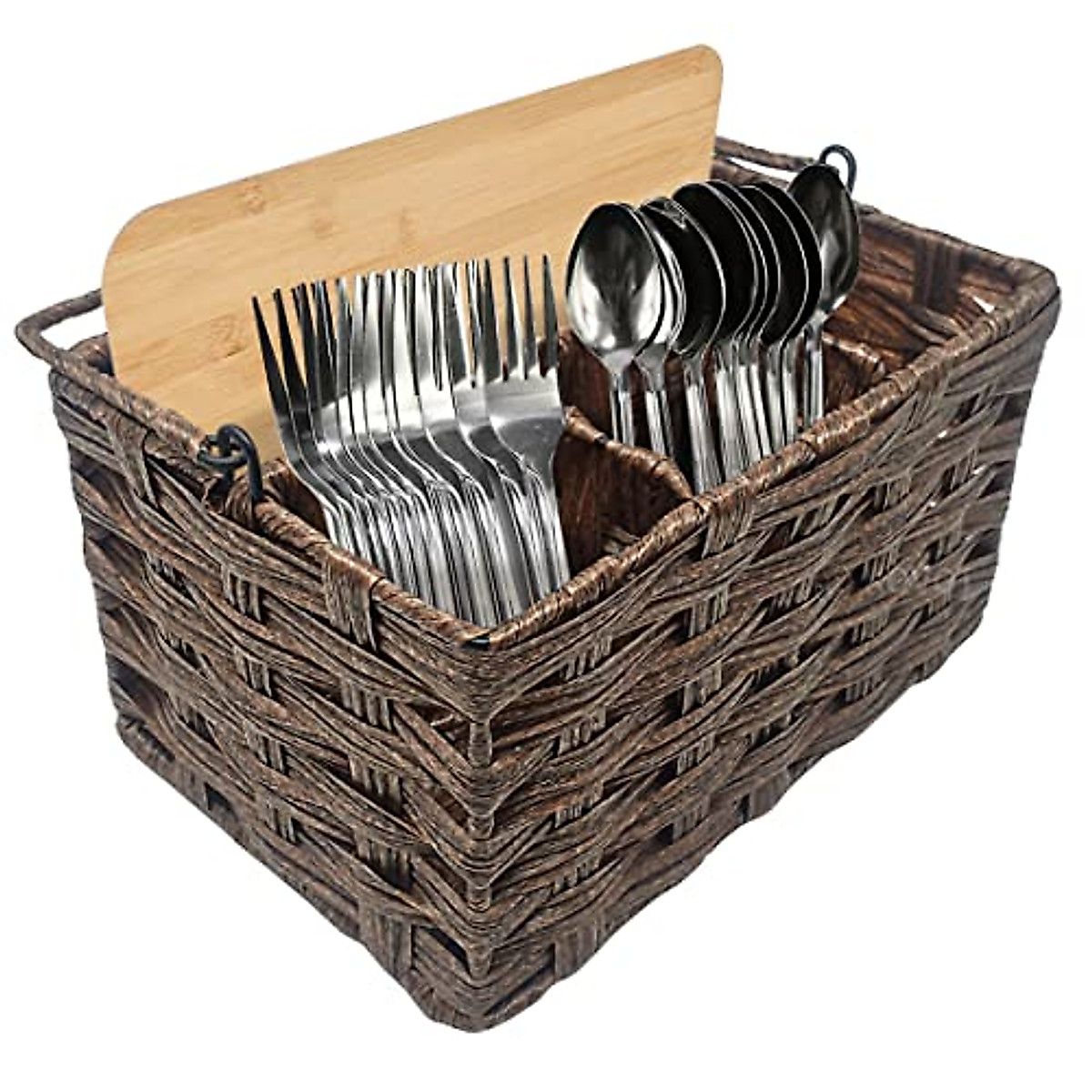 Kovot Poly-Wicker Woven Cutlery Storage Organizer Caddy Tote Bin Basket for Kitchen Table, Cabinet, Pantry, Indoor & Outdoor - Woven Polypropylene | Measures 9.5" x 6.5" x 5" (Dark Brown)