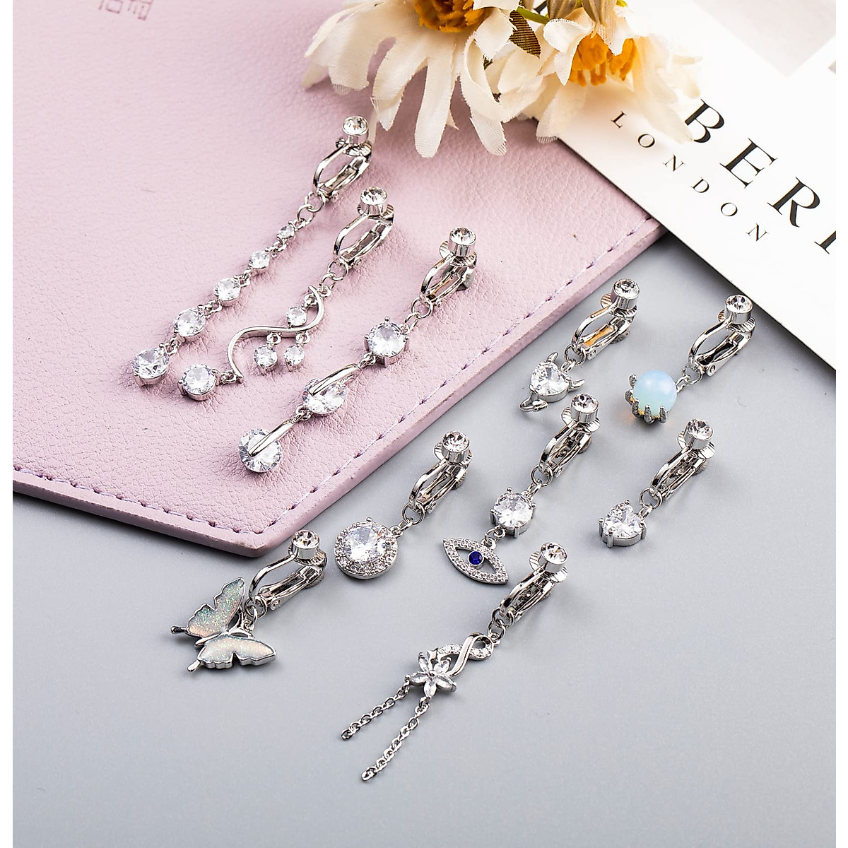 NICEIGHT 10PCS Faux Belly Button Rings for Women Dangle Belly Rings Clip On Belly Rings Butterfly Evil Eye Fake Navel Rings Non Piercing Jewelry S10