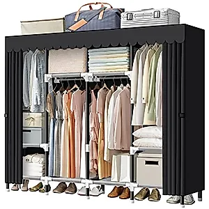 LOKEME Portable Closet, 67 Inch Wardrobe Closet for Hanging Clothes with 4 Hanging Rods, 25mm Steel Tube Clothes Storage Organizer for Extra Sturdy, Quick and Easy to Assembly, Black Cover