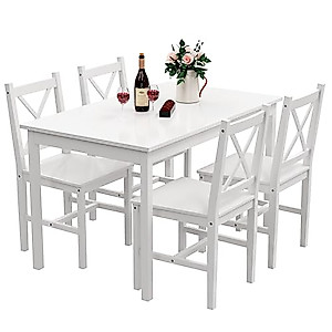 Alohappy Dining Table Set for 4, 5 Piece Kitchen Table Set with 4 Chairs Pine Wood Dining Table Rectangle Breakfast Table and Chairs for Small Space, Space-Saving & Easy Assembly (White)