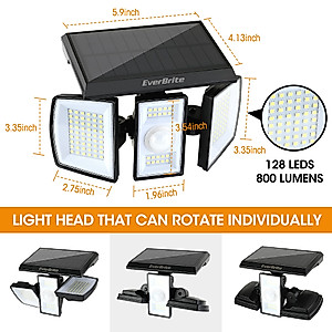 EverBrite Solar Outdoor Lights, 128 LED 7000K Solar Motion Sensor Lights, 3 Heads Security LED Flood Light, 270° Wide Lighting, IP65 Waterproof, Wall Light for Yard Patio Garden Pathway Porch