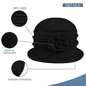 Sumolux Women Beret Hat French Vintage Floral Wool Dress Cloche Classic Winter Hat 1920s B Black