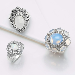 Bling Jewelry Vintage Style Cubic Zirconia Ornate Filigree Oval Flower White Created Opal Boho Full Finger Ring .925 Sterling Silver