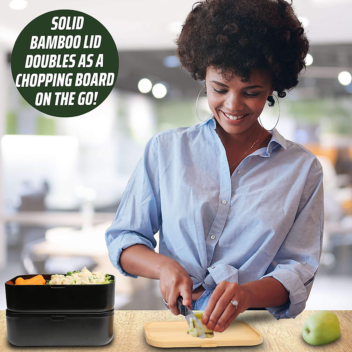 GRUB2GO Premium Bento Lunch Box (Large 68 Oz Capacity) | 2023 Exclusive, 70% Bigger | Includes Bamboo Chopping Board Lid, Carry Bag, 2 Dividers, Utensils, Sauce Container