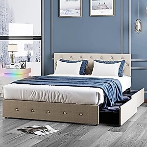 Mjkone California King Size Platform Bed Frame with 4 Storage Drawers, Bed Frame with Adjustable Headboard, Button Tufted Design, Wood Slat Support, No Box Spring Needed/Easy Assembly, Beige, (21022)