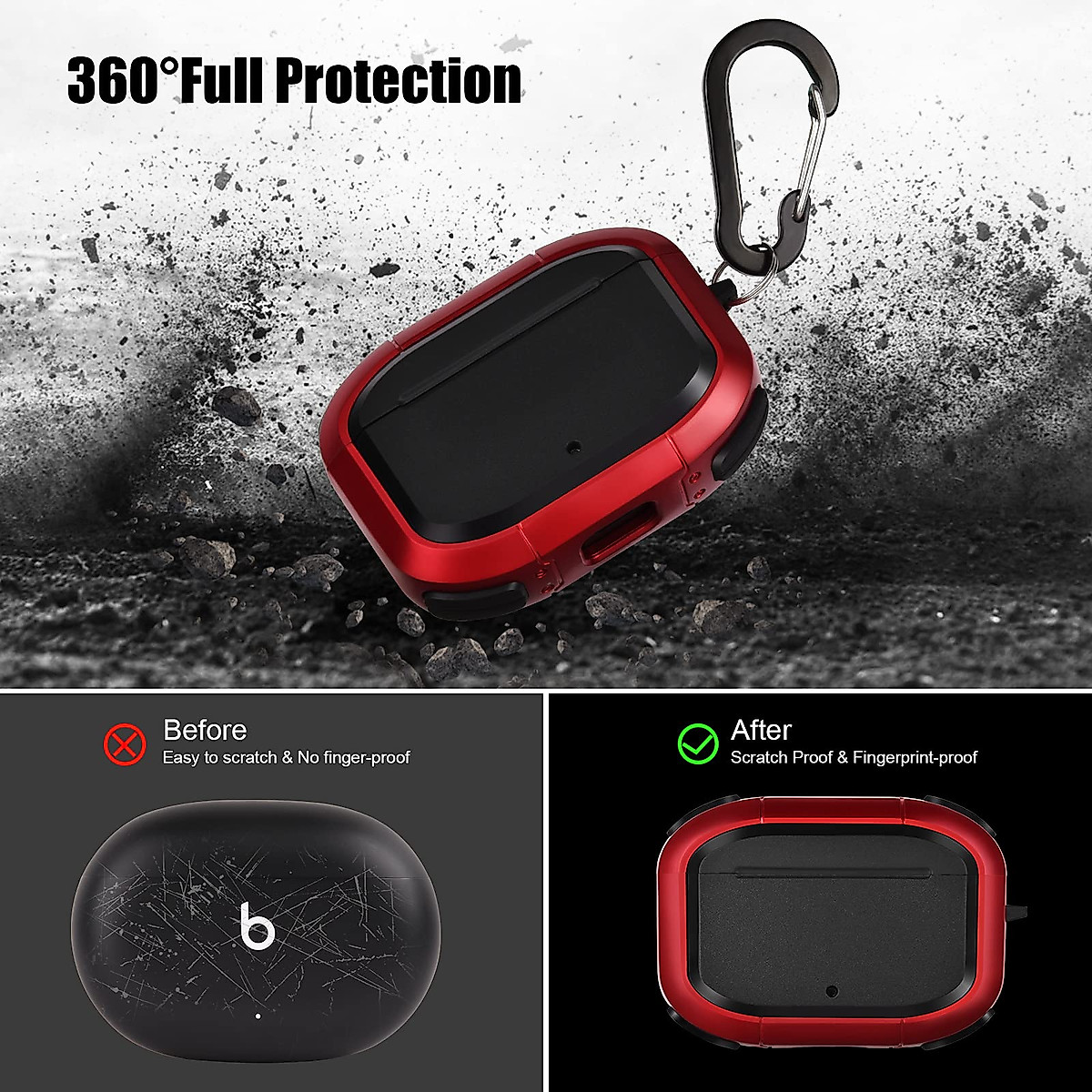 Upgraded Case for New Beats Studio Buds 2021, Filoto Rugged Beats Studio Buds Hard Shell Protective Case Cover Earbuds Headphone Accessories with Keychain for Men Women (Black/Red)