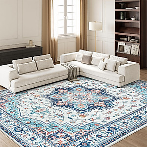 Art&Tuft Area Rugs 8x10, Machine Washable Rugs 8x10 - Stain Resistant Large Living Room Rug, Low Pile No Slip 8x10 Area Rugs for Bedroom, Living Room, Kitchen, Office, Blue