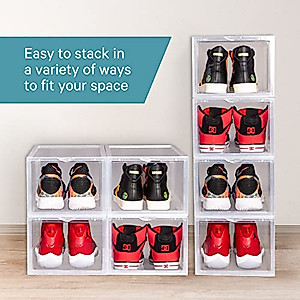 Dionyssa Shoe Storage Large Box -Set of 2 Drop Clear Front Door Shoe Organizer Stackable Display Case- Magnetic Front lids Plastic Container, easy to Assemble-Perfect for Sneakers up to men's size 13 and high-heels. Great closet shoe organizer.
