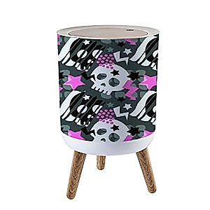 Small Trash Can with Lid Skull funky seamless rough grunge modern design Hipster trendy painted Round Garbage Can Press Cover Wastebasket Wood Waste Bin for Bathroom Kitchen Office 7L/1.8 Gallon
