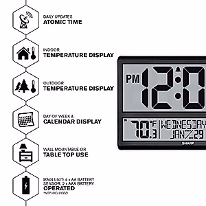 SHARP Atomic Clock - Never Needs Setting! –Easy to Read Numbers - Indoor/Outdoor Temperature, Wireless Outdoor Sensor - Battery Powered - Easy Set-Up!! (4" Numbers)