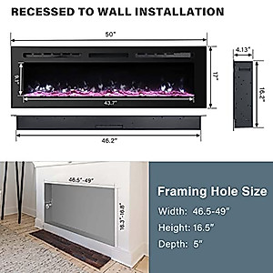 50 Inch Electric Fireplace Inserts, Wall Mounted Fireplace, Led Fireplace with Logs, Recessed Electric Fireplace with Remote Control, Linear Fireplace, 9 Multi Color Flames, 750/1500W