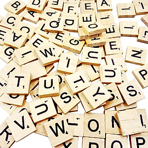 PINOWU 100pcs Wood Letter Tiles for Scrabble, Replacement for Scrabble Letters with Wood Racks and Cloth Gift Bag Craft Playing Alphabet Coasters and Wall Decoration