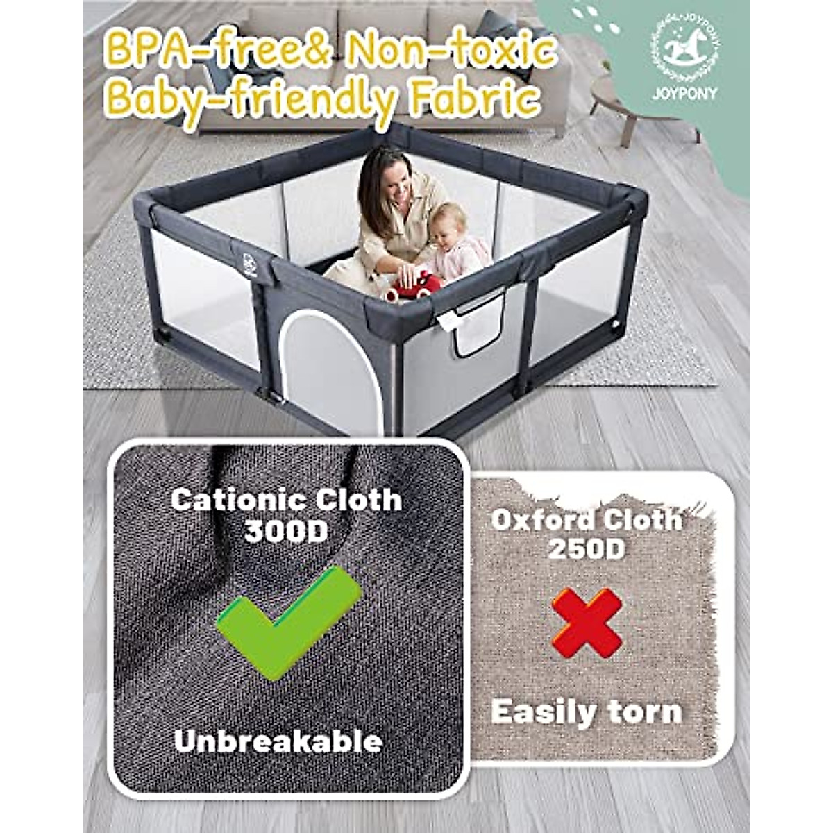 Joypony Baby Playpen, (50x50x27inch) Large Playpen for Babies and Toddlers, Sturdy Safety Play Yard for Infant, Indoor & Outdoor Play Pen with Gate, Baby Fence with Soft Breathable Mesh, Hand Rings