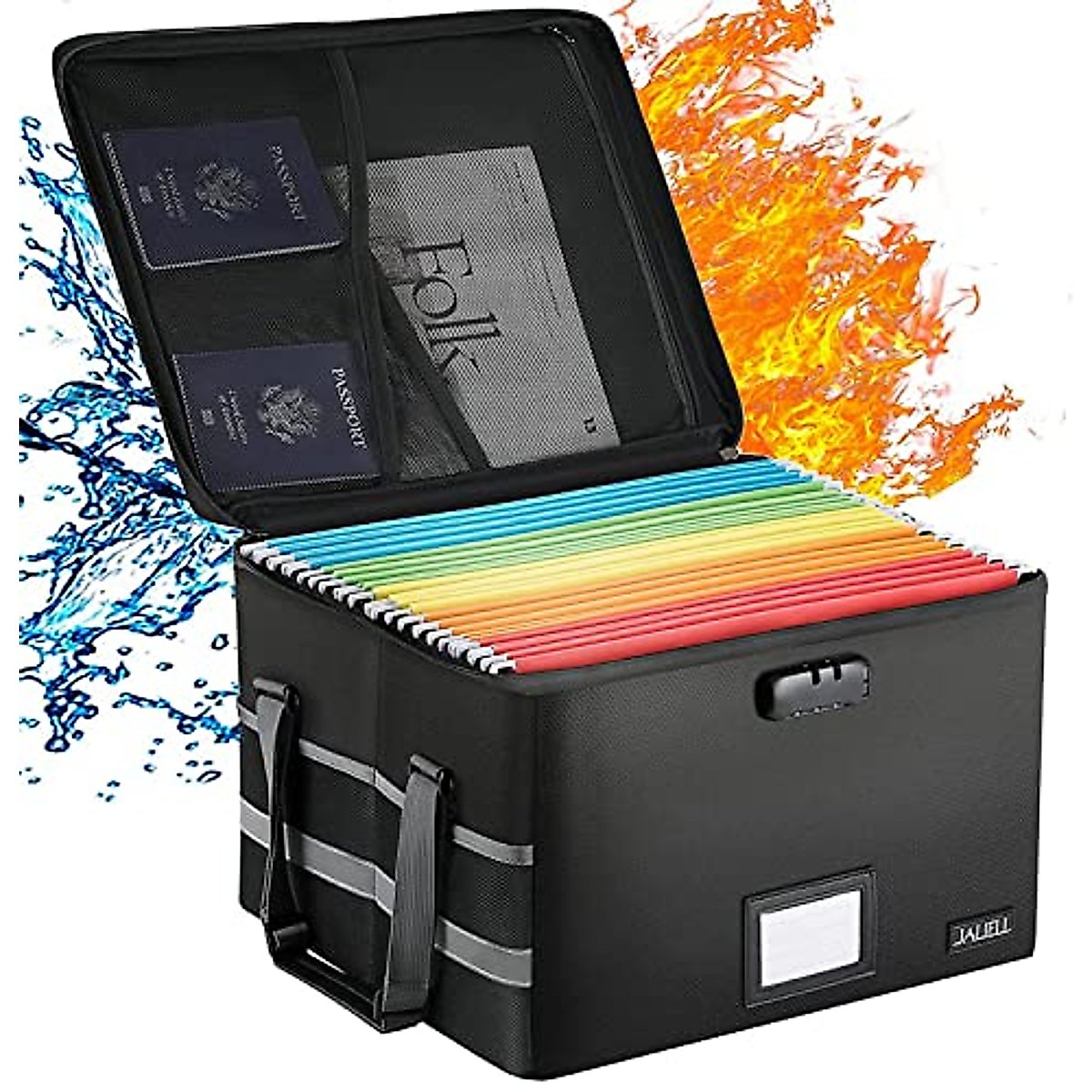 Upgraded File Box with Lock, Fireproof Document Box File Cabinet File Organizer Box with Water-Resistant Zipper & Adjustable Handle, Collapsible Filing Cabinet for Hanging Letter/Legal Folder (Black)