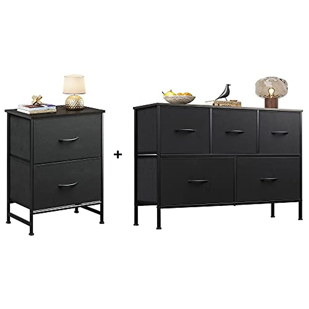 WLIVE 2-Drawer Nightstand and 5-Drawer Dresser Set, Fabric Storage Tower for Bedroom, Hallway, Nursery, Closets, Tall Chest Organizer Unit with Textured Print Fabric Bins, Steel Frame, Charcoal Black