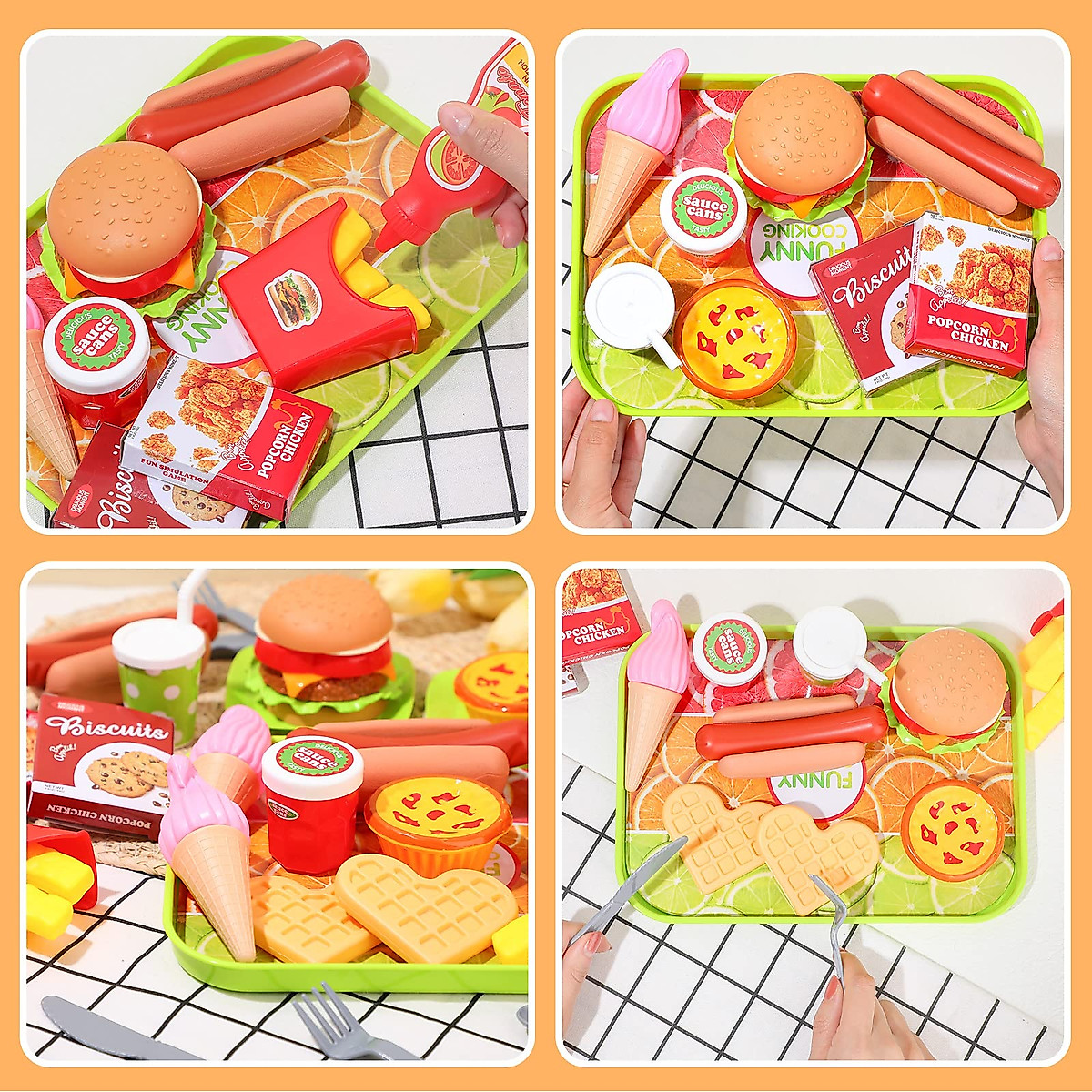 Zomiboo Pretend Play Food Toy Set for Kid Kitchen, Fake Food Plastic Burgers Sandwich Toys Pretend Food Playset Preschool Role Play Kitchen Restaurant Sets Christmas Birthday Gift for Girls Boys