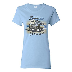 Classic Vintage Ford Bronco Enjoy The Ride Cars and Trucks Womens Graphic T-Shirt, Light Blue, Large