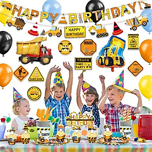 Construction Birthday Party Supplies, 207 Pcs Dump Truck Party Decoration For Boys Kids Birthday Party - Banner, Cake and Cupcake Toppers, Forks, Knives, Spoons, Straws, Plates, Balloons, Invitation Cards, Tablecloth, Party Signs, Cups, Napkins Serves 16