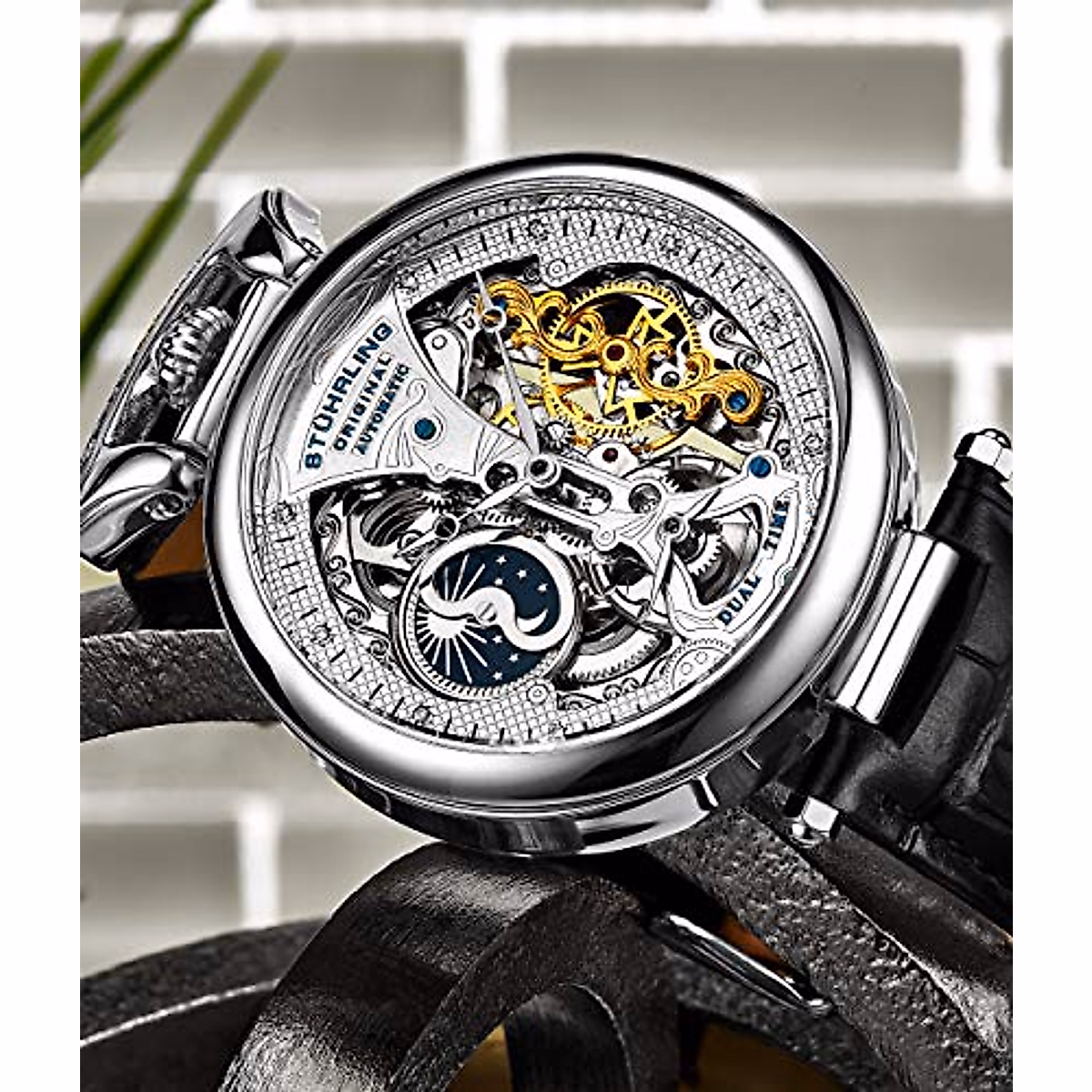 Stührling Original Mens Skeleton Watch Dial Automatic Watch with Calfskin Leather Band and - Dual Time, AM/PM Sun Moon