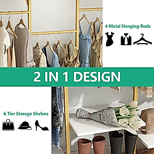 Auromie Gold Wall Mount Clothes Rack with 4 Hanging Rods, Clothing Rack with 6-Tier Adjustable Shelves, Closet Storage Organizer System Kit, Heavy Duty Garment Rack with Metal (80.43" L*78.62" H)