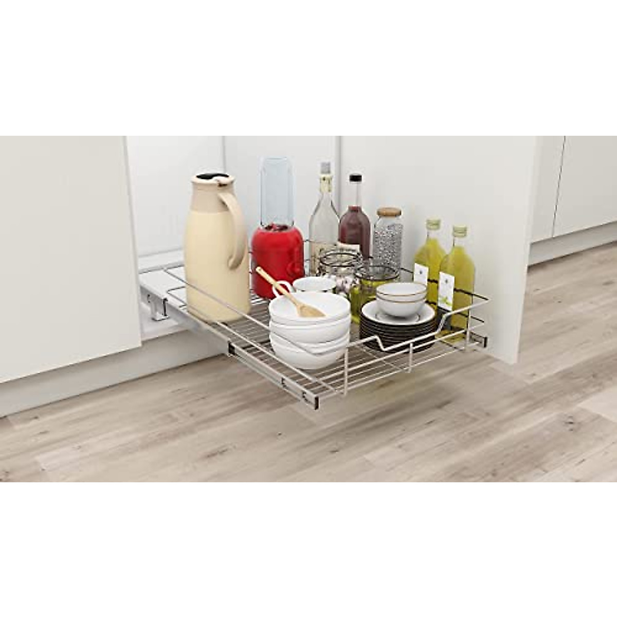 Pull Out Cabinet Organizer - Slide Out Under Cabinet Basket for Kitchen, Bathroom, Pantry Heavy Duty Slide Out Shelves, Requires At Least 18” Cabinet Opening (17.6W x 22D x 5.5H inch, Chrome)
