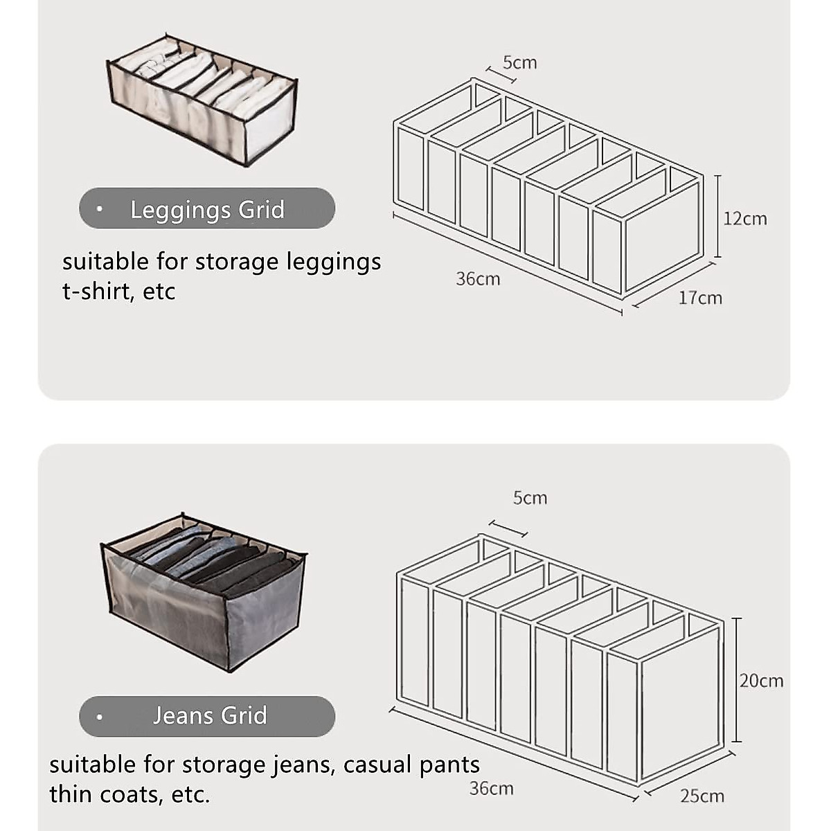 LAND CAST 2Pcs Wardrobe Clothes Organizer, 7Grid Washable Jeans Compartment Storage Box Foldable Closet Drawer Organizer Separation Box Clothes Storage bag for Pants Dress T-shirt Legging (Green, Jeans Grid)