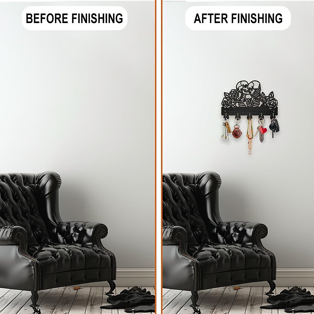 MAYJOYDIY Halloween Skull Key Holder for Wall Wood Rose Flower Skeleton Undead Key Hook 11.8×7.9inch Black Coat Rack 5 Alloy Hooks Home Decor Gifts Entryway Kitchen Storage Organizer