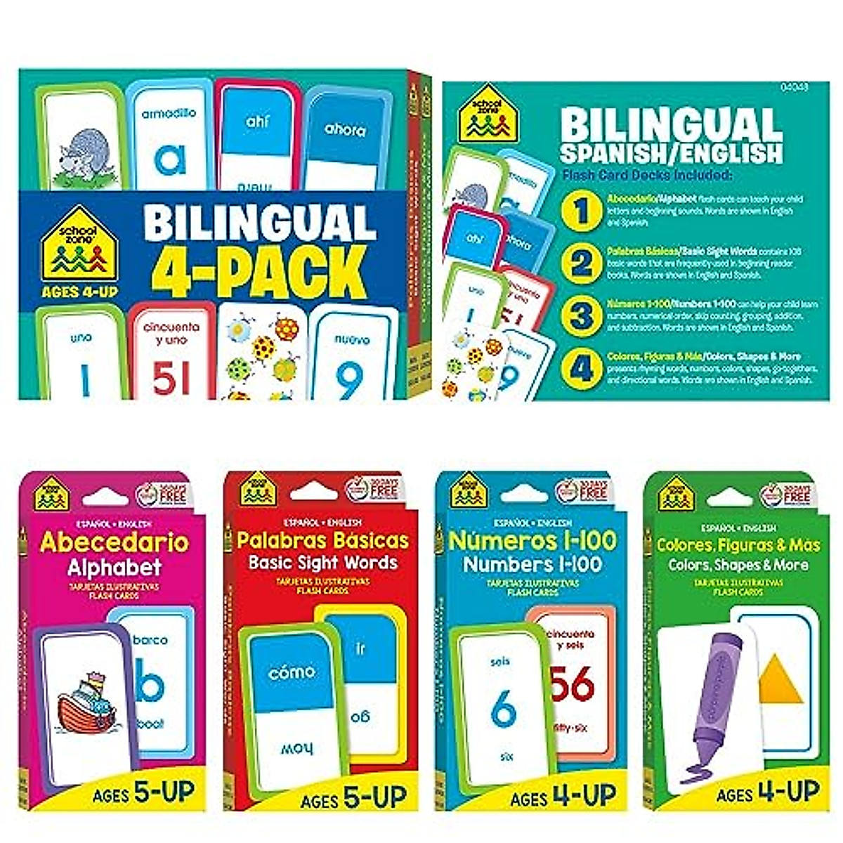 School Zone Bilingual Spanish/English Flash Card Set: Tarjetas de Índice Bilingües Español/Inglés, Alphabet, Sight Words,: Numbers 1-100, Colors & ... Immersion (Spanish) (Spanish Edition)