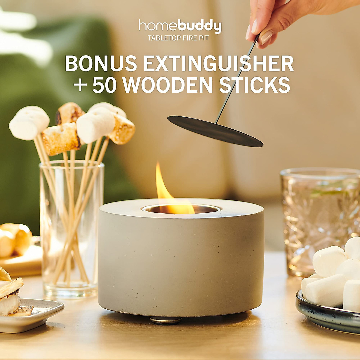 HomeBuddy Table Top Fire Pit Bowl - Tabletop Fire Pit, Long Burning Mini Fire Pit, Indoor Fireplace for Patio - Tabletop Fireplace - Fire Bowl with 50pcs. Marshmallow Sticks and Extinguisher Gray